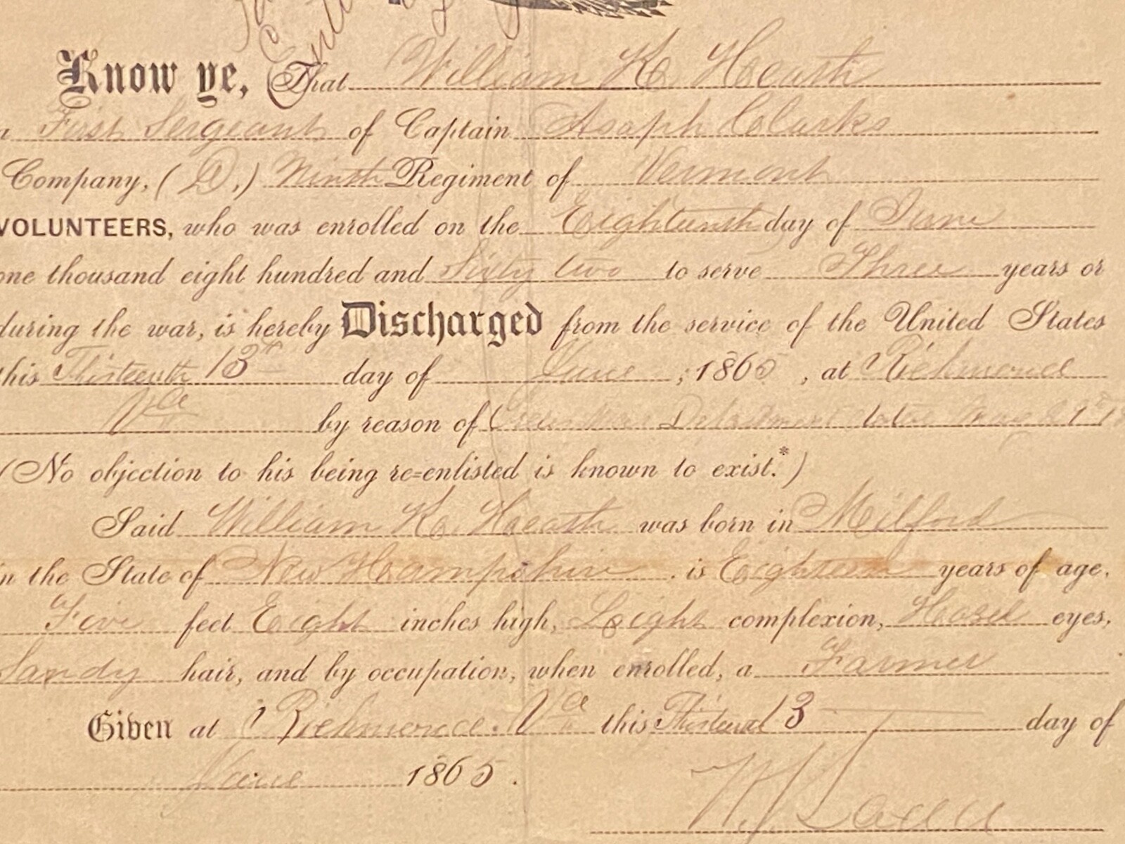 Civil War Document Vermont lD discharge disability | eBay