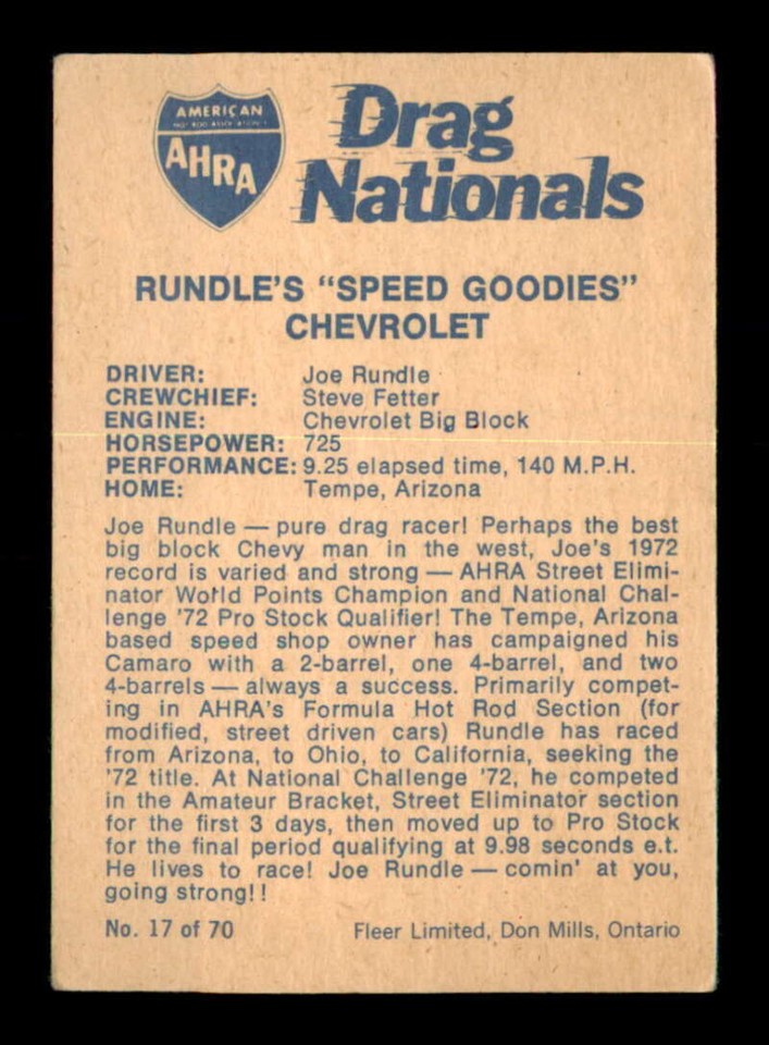 1972 Fleer AHRA Drag Nats Canadian #17 Joe Rundle VGEX X2642458 | eBay