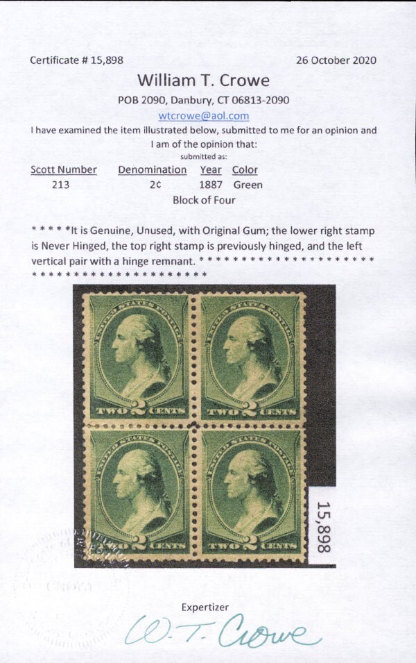 MALACK 213 F/VF OG VLH, w/Crowe (10/20) CERT(copy), ..MORE.. gg1762 | eBay