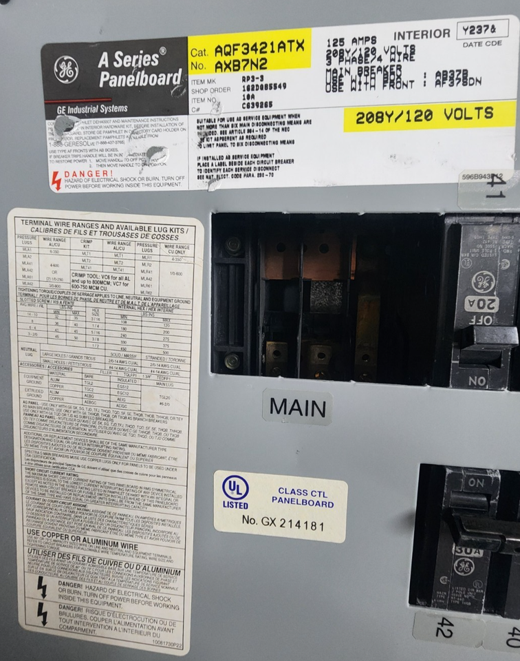 🤠 GE GENERAL ELECTRIC 125 AMP MAIN BREAKER PANELBOARD 208Y/120V 3Ø 4W ...