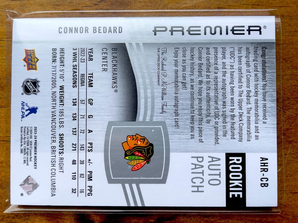 2023-24 Upper Deck Premier Rookie Auto Patch Horizontal Connor Bedard ...