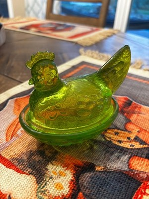 VTG Indiana Yellow Glass Hen on Nest Chicken Rooster Candy Dish Farm ...