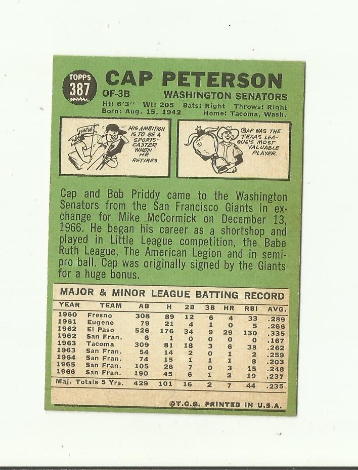 1967 TOPPS #387 Cap Peterson: Washington Senators: 3rd Base: Baseball ...