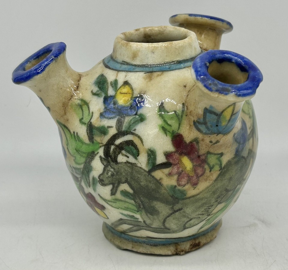 Antique Persian Qajar Hand Painted Tulip Vase, Deer or Goat & Flowers ...