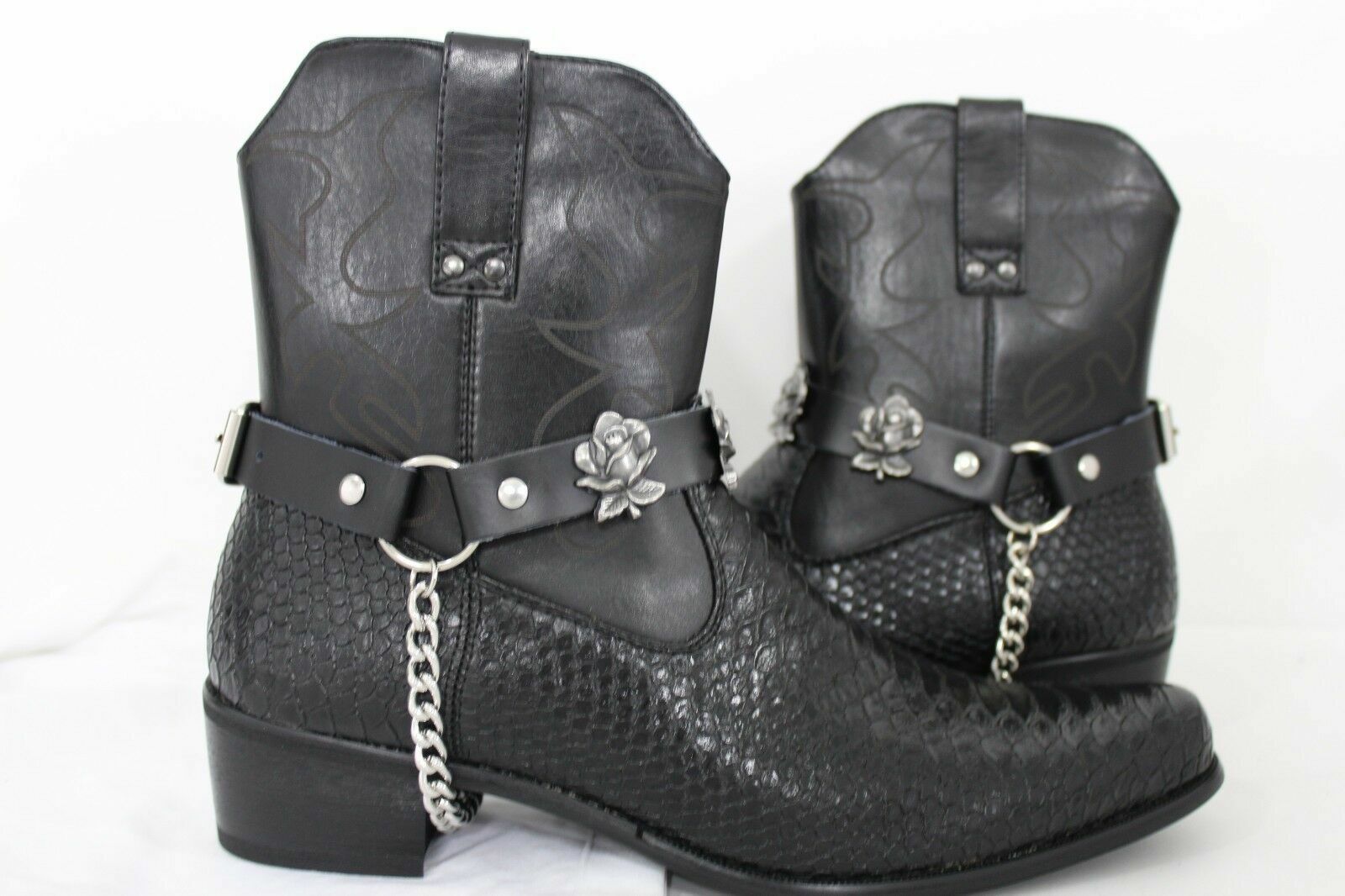 Western Women Boot Chain Pair Black Faux Leather Shoe Straps Rose ...