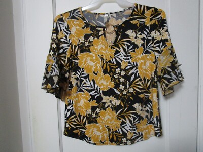 NWT Women's PS Per Seption Gold & Black Floral Blouse Size Small MSRP ...