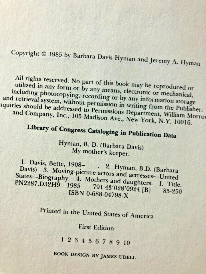 RARE 1ST EDITION! My Mother's Keeper by B.D. Hyman (1985) FINE HC w ...