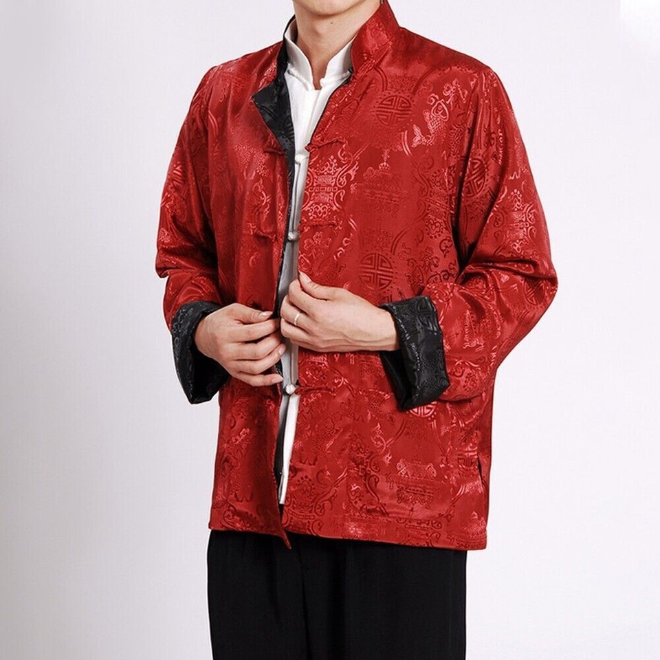 Men Tang Suit Top Silk Print Jacket/Coat Reversible Traditional Chinese ...