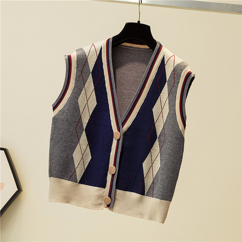 Vintage Style Women Knitted Check Vest Waistcoat Gilet Cardigan Top ...