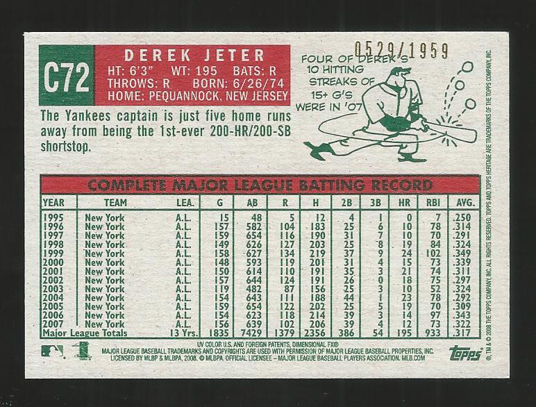 2008 Topps Heritage Chrome Derek Jeter Yankees #72 Rare Parallel Sp ...