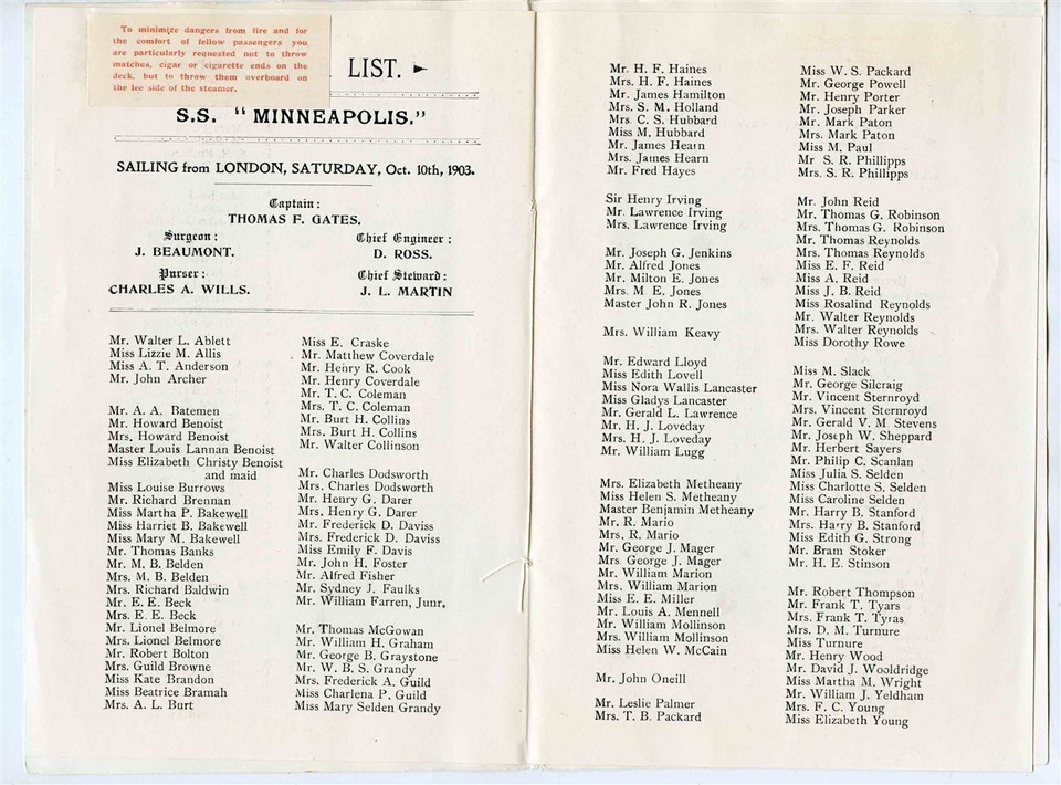 Atlantic Transport Line 1st Class Passenger List SS Minneapolis 1903 ...