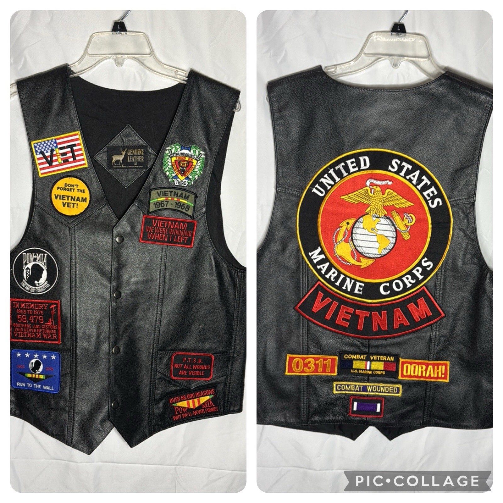 Black leather vest, marine corps USMC Vietnam veteran… - Gem