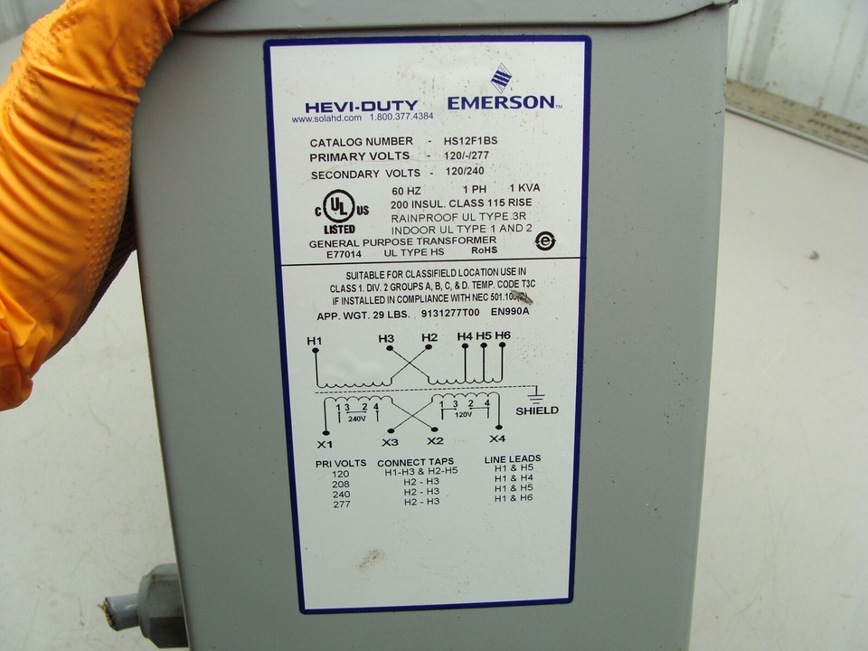 EMERSON HEVI-DUTY TRANSFORMER HS12F1BS 1PH 1KVA PRI. 120/-/277 SEC 120/ ...