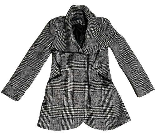 French Connection Black White Brown Plaid Coat Tweed Shawl Collar Zip ...