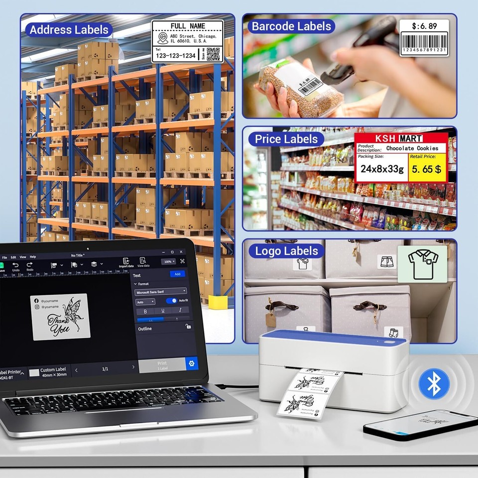 Shipping Label Maker Bluetooth Thermal Address Label Printer for eBay ...