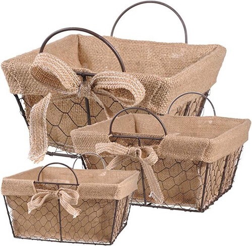 Set Of 3 Burlap & Metal Wire Nesting Baskets 12”, Storage Baskets ...