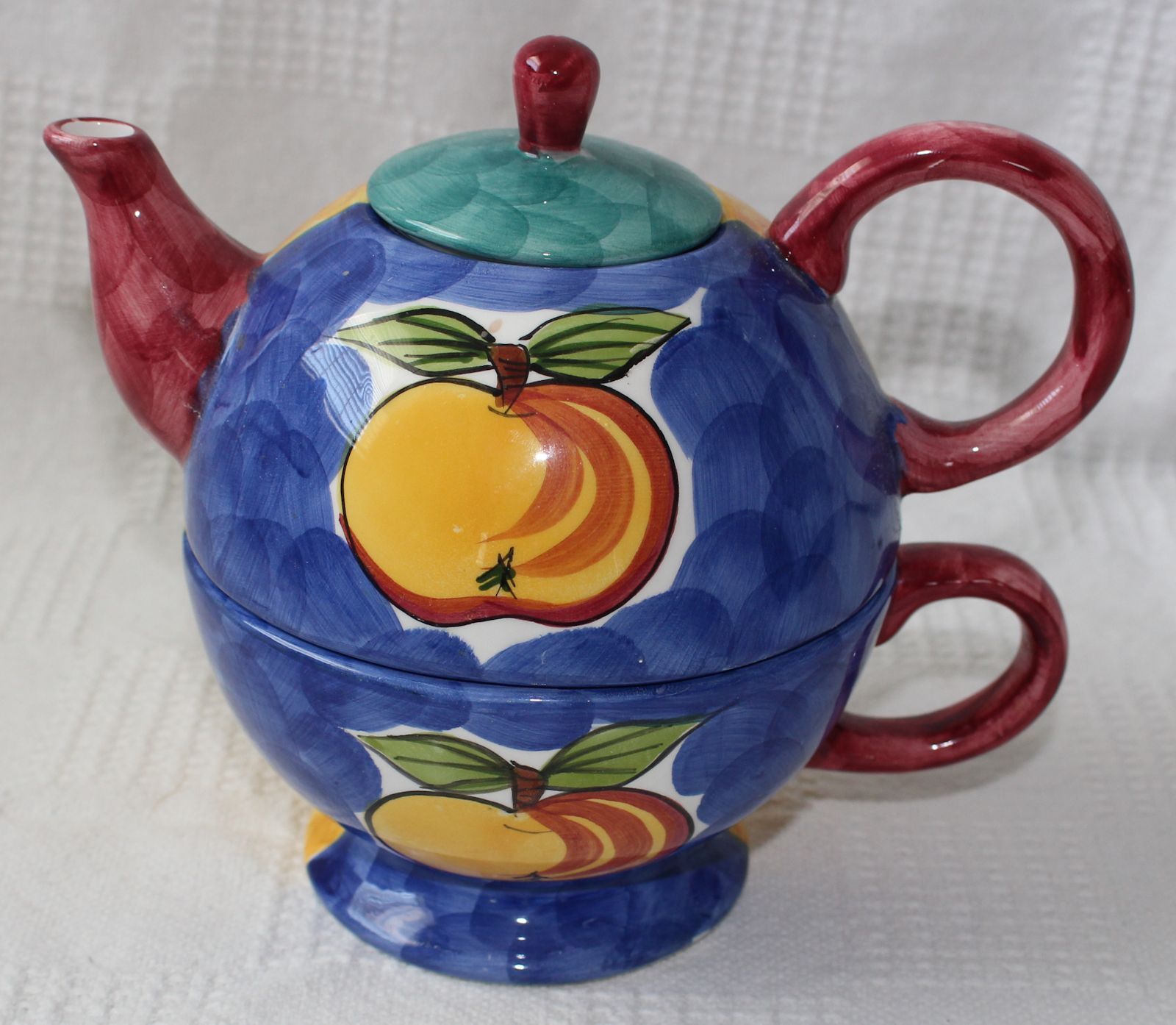 Three Piece Stackable Teapot with Lid & Cup Multi-Colored with Grapes ...