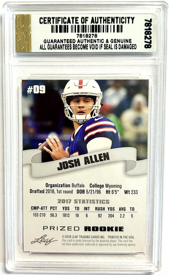 JOSH ALLEN 2018 LEAF PRIZED ROOKIE #09 GRADED GEM-MINT 10 ROOKIE CARD ...