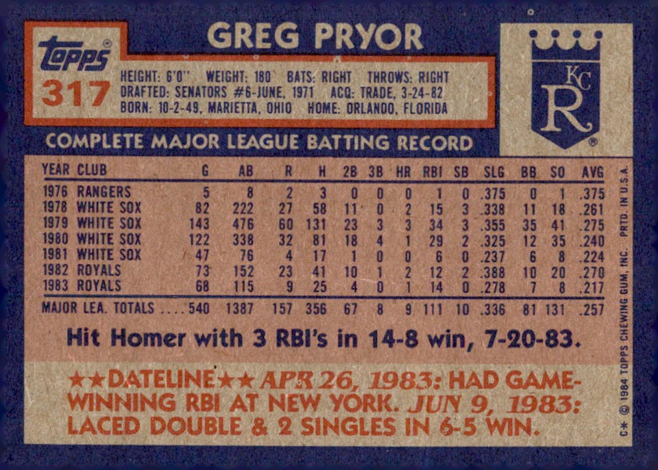 1984 Topps #317 Greg Pryor EX | eBay