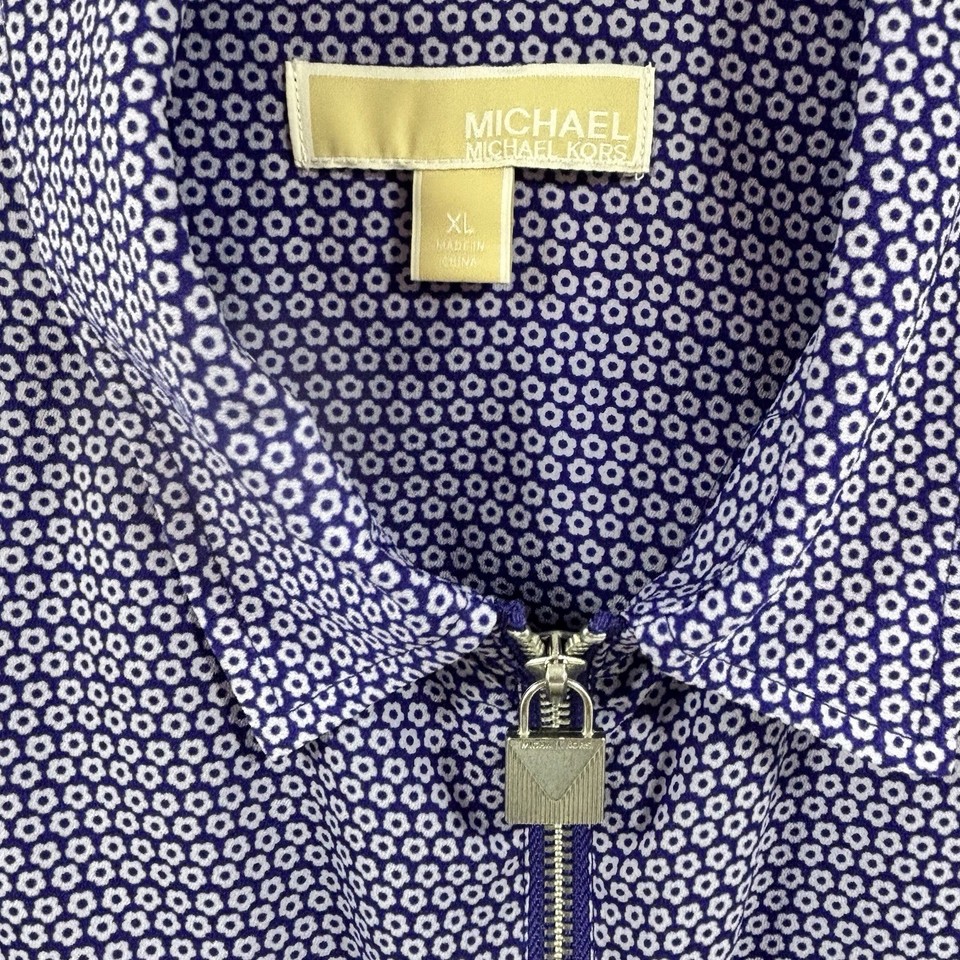 Michael Kors Zip up Shirt Size XL Chiffon Purple White Flowers Roll Tab ...