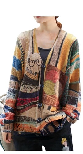 Yesno Cardigan Sweater Brown Bear Knitting Graphic Statement Pockets ...