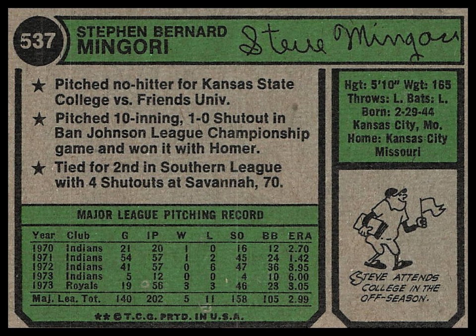 1974 Topps Steve Mingori #537 - Set Break! EX - Combined Shipping! | eBay