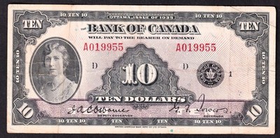 Bank Of Canada 1935 $10 Ten Dollar Banknote Osbourne - Towers A 019955 ...
