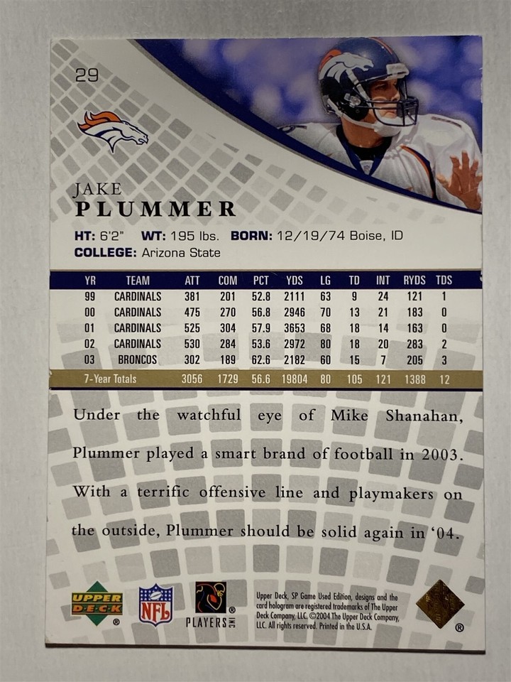 JAKE PLUMMER broncos 2004 SP Game Used #29 GOLD 46/100 (U7) | eBay
