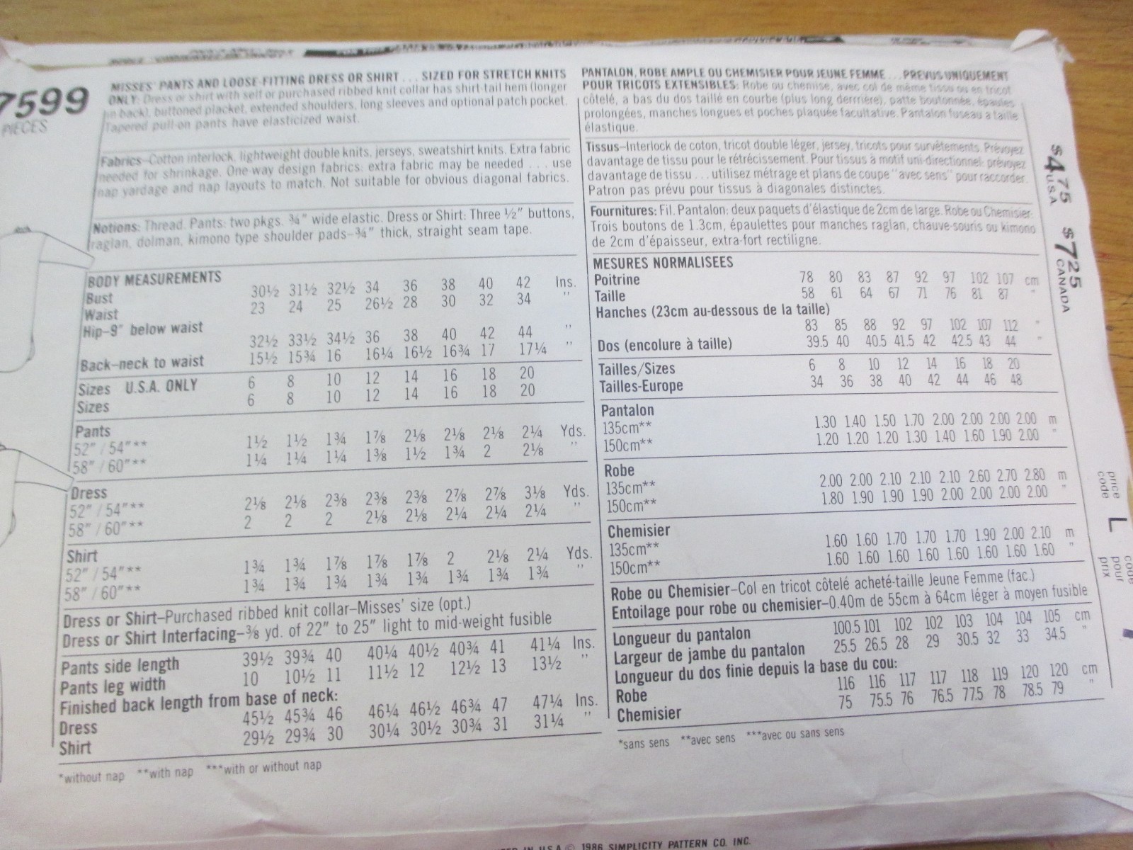 SIMPLICITY SEWING PATTERN NO.7599 LADIES DRESS & PANTS SIZE 6,8,10 ...