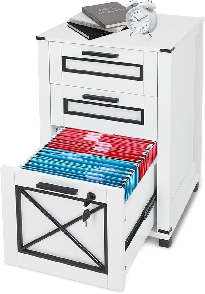 Rolling Wood Filing Cabinet with 3 Drawers Office File Cabinet ...
