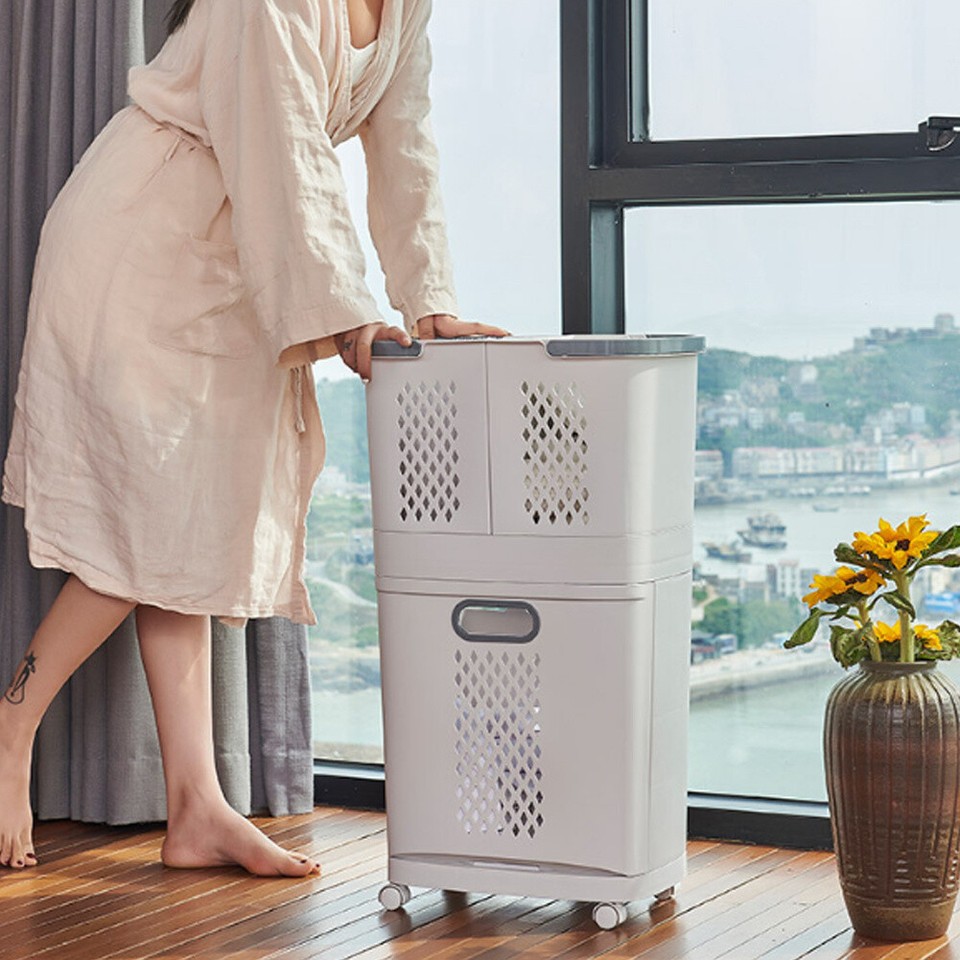 Large 2 Tier Laundry Basket Trolley Cart Mobile Washing Cloth Storage ...