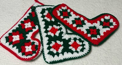 Crocheted Granny Square Christmas Socks Set Of 3 Cottage Core | eBay