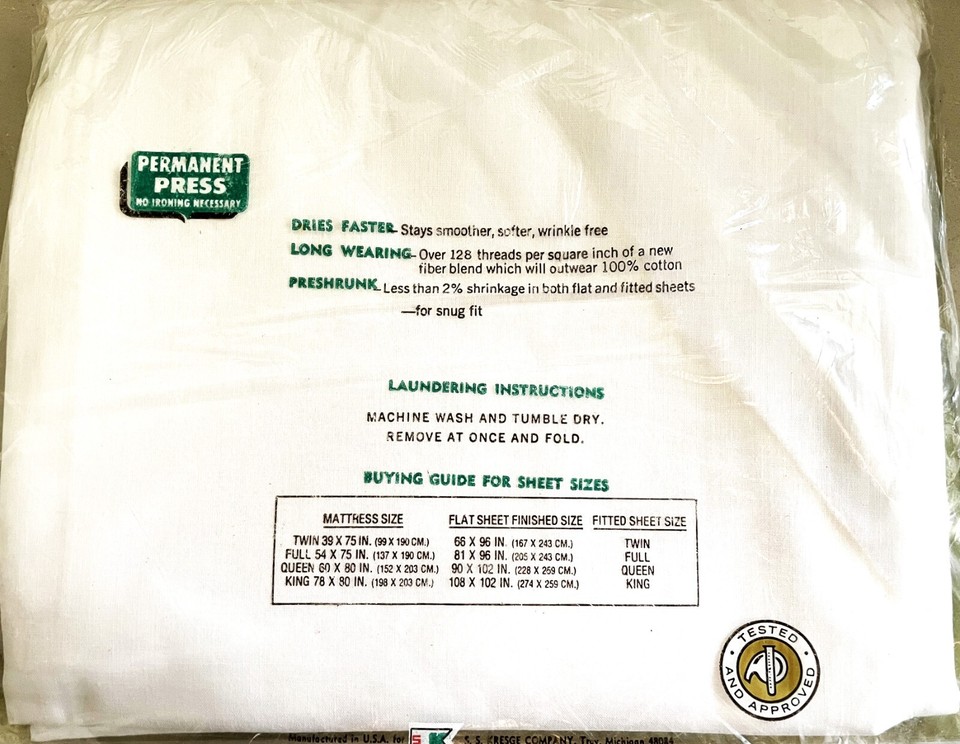 Vtg. 1970s Kmart Perma Press White Fitted FULL Sheet No Iron White 54 X ...