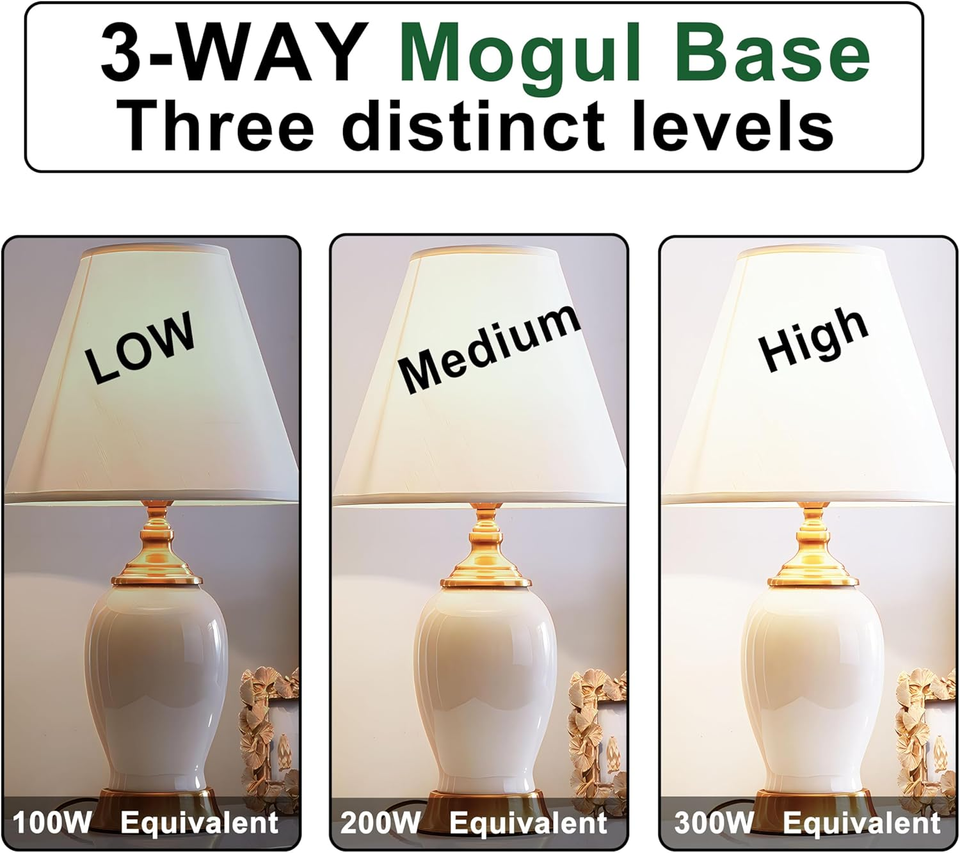 2 Pack Mogul Base 3 Way LED Light Bulbs 3000K Soft White,100/200/300 ...