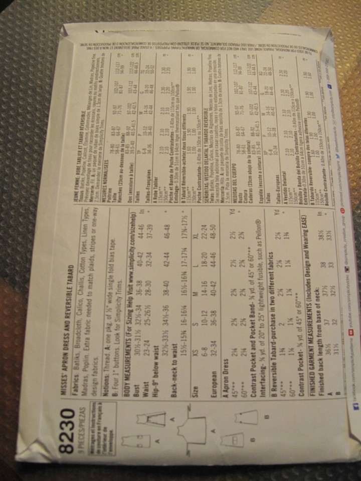 Simplicity Pattern 8230 Dottie Angel Aprons Size XS to XL | eBay