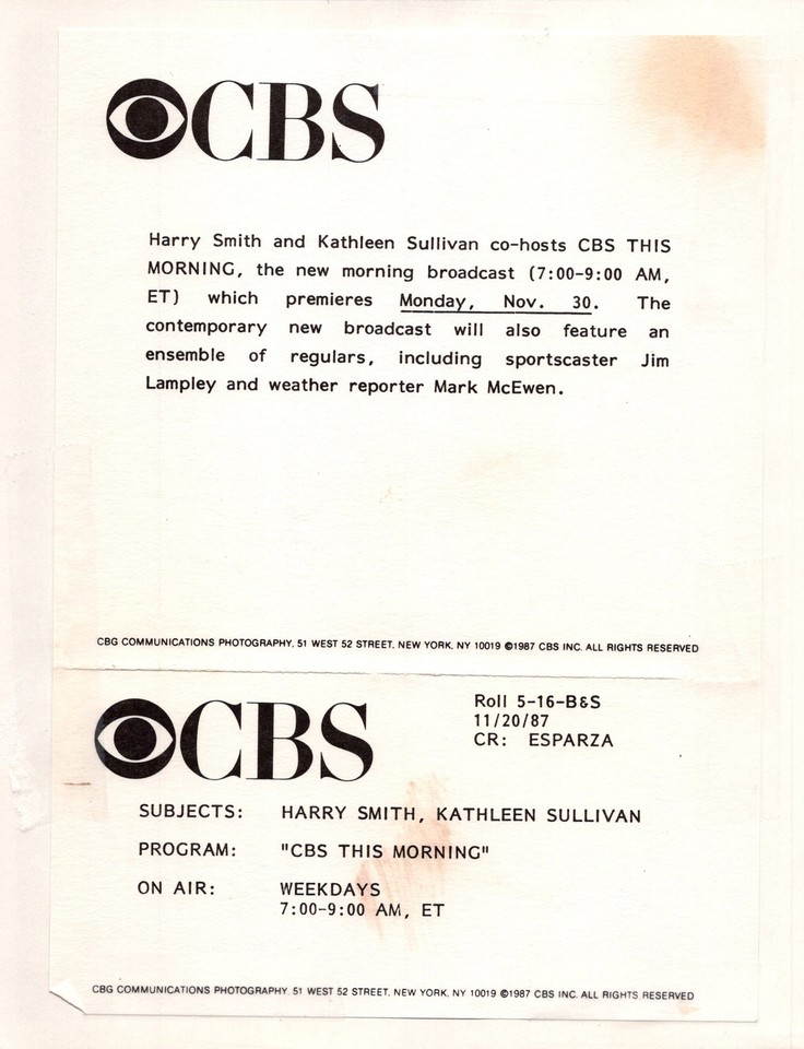 Vintage CBS 1987 Harry Smith Kathleen Sullivan This Morning 7x9 Press ...