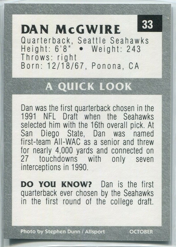 1991 Tuff Stuff Jr. Magazine Insert #33 Dan McGwire Seattle Seahawks ...