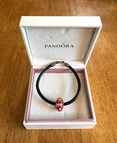 PANDORA BLACK LEATHER ORANGE BLOSSOMS CHARM BRACELET 590707-S1 WITH ...