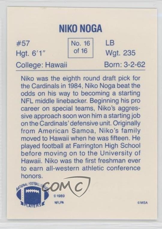 1989 Holsum Annual Collector's Edition Phoenix Cardinals Niko Noga #16 ...