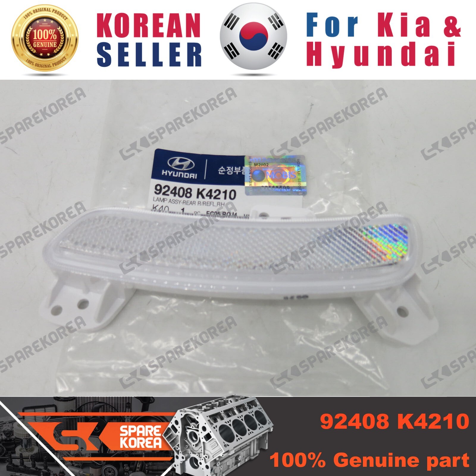 Genuine/OEM 92408K4210 LAMP-SIDE REFLEX REFLECTOR,RH for Hyundai Kona ...