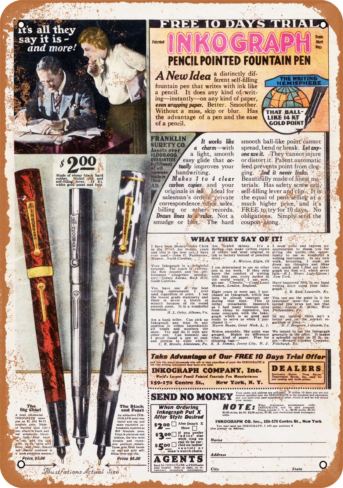 METAL SIGN - 1930 Inkograph Pencil Pointed Fountain Pen - Vintage Look ...