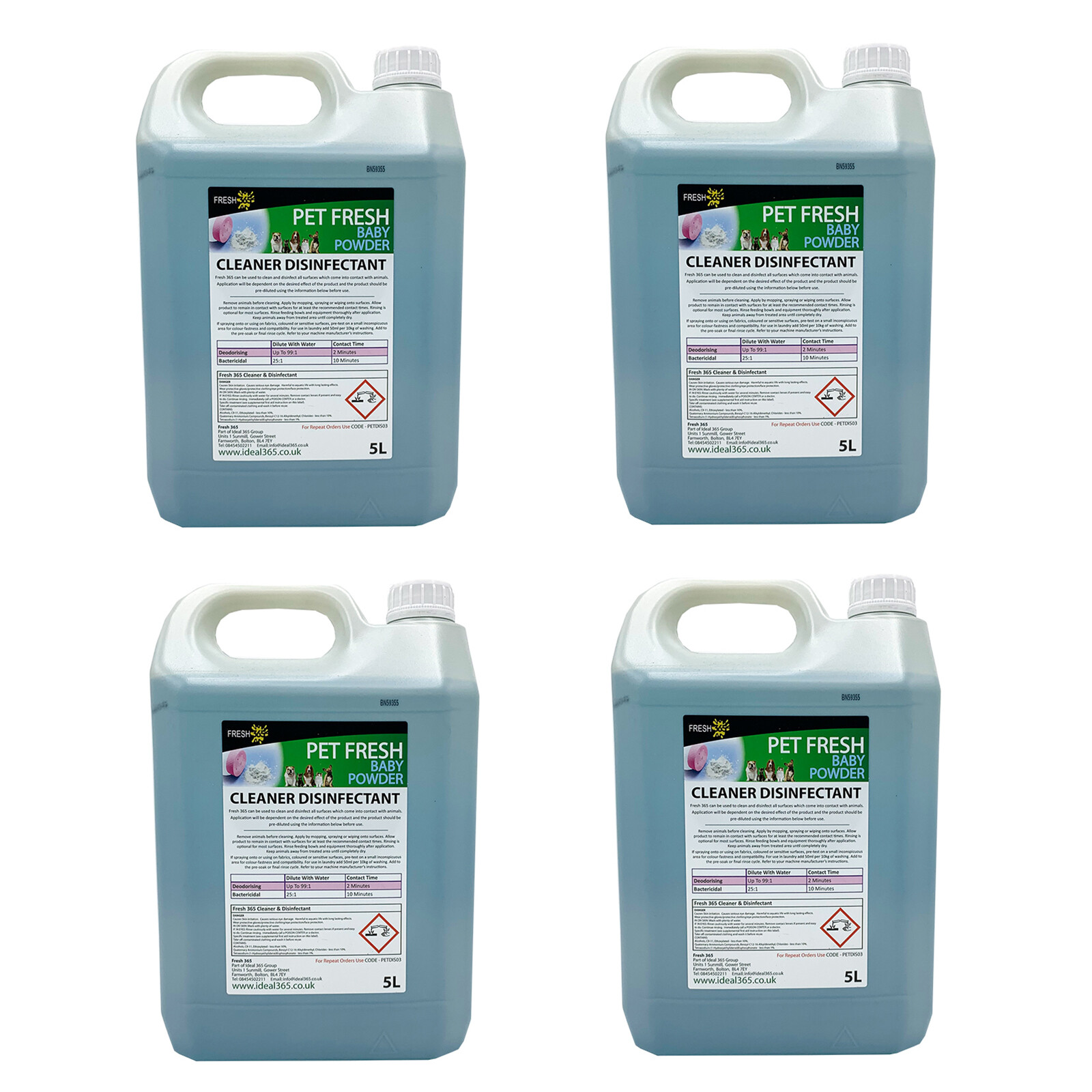 4 x FRESH 365 5L Pet Safe Dog Cat Disinfectant Cleaner & Deodoriser ...