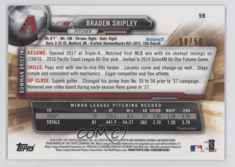 2017 Bowman Chrome Gold Refractor 9/50 Braden Shipley #59 17a5 | eBay