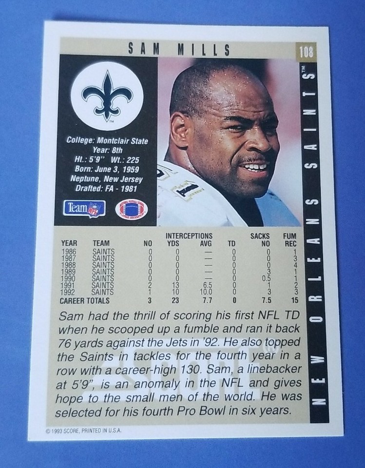 1993 Score Football #108 Sam Mills - New Orleans Saints | eBay
