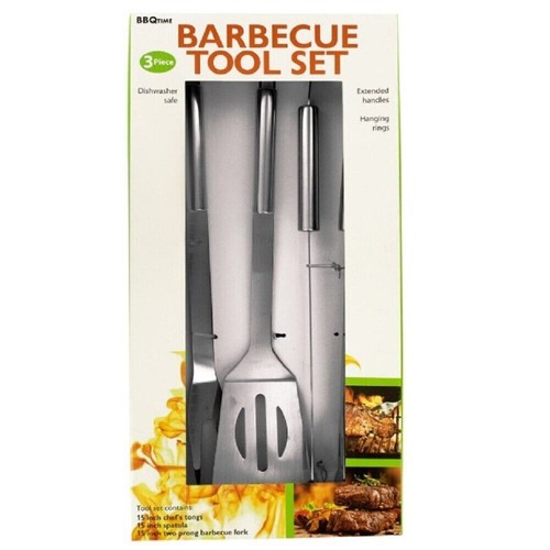 3pc Stainless Steel Barbeque Tool Set With Spatula Prong Fork and Tongs ...