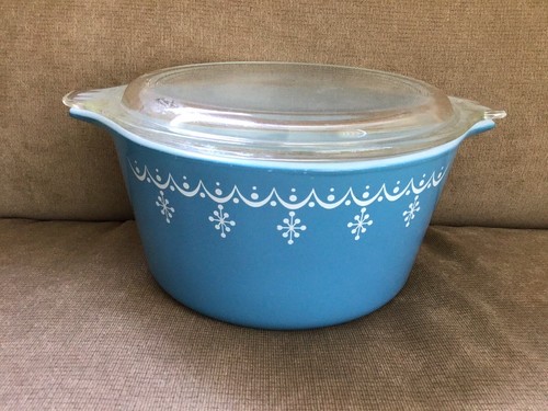 Vintage Pyrex Blue Garland Snowflake 1 qt Casserole Dish #473 w Lid VGC ...