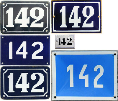 Old blue French house number 142 door gate plate steel enamel street ...