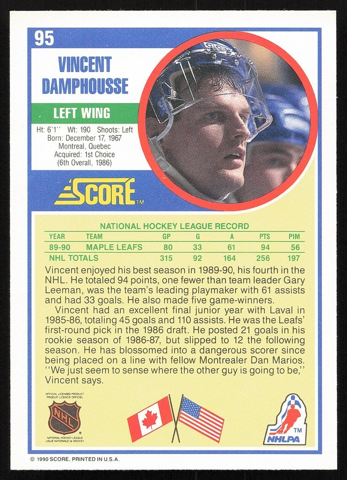 1990-91 Score Vincent Damphousse #95 Toronto Maple Leafs Card NHL | eBay