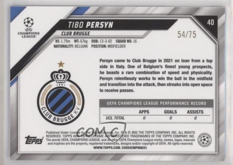 2021-22 Topps Chrome UCL Blue Wave Refractor /75 Tibo Persyn #40 Rookie ...