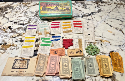 Vintage Wooden Monopoly Game Set Pieces hotels Money Cards Instructions ...